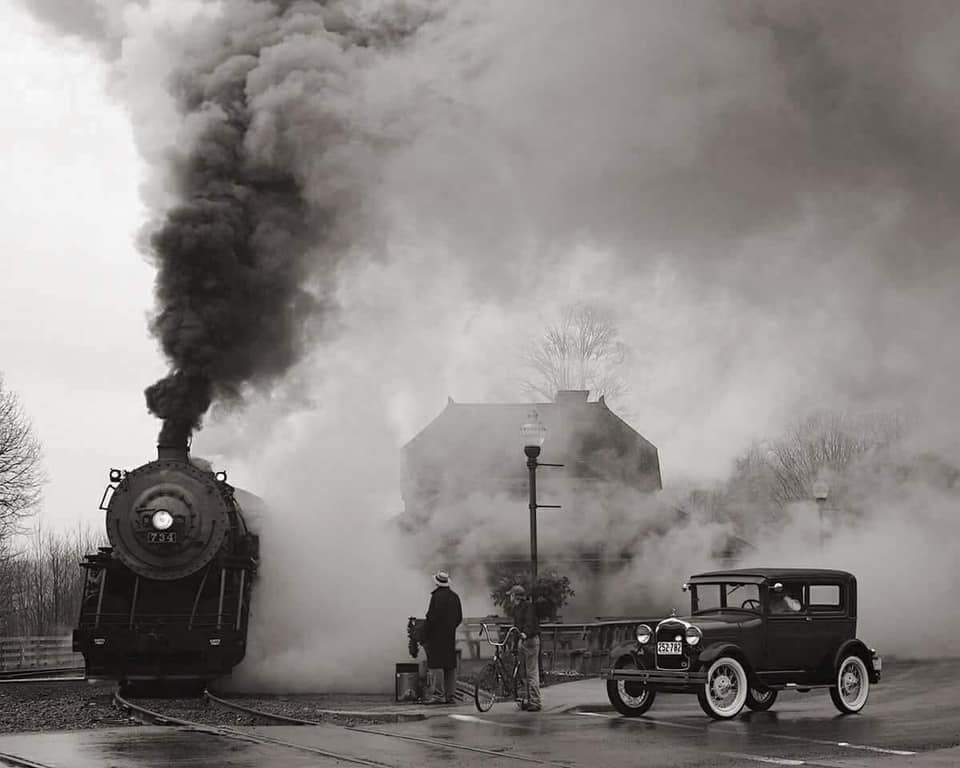 1920s ~ Ford Model-A Stops at a Railroad Crossing for a Steam Train ...